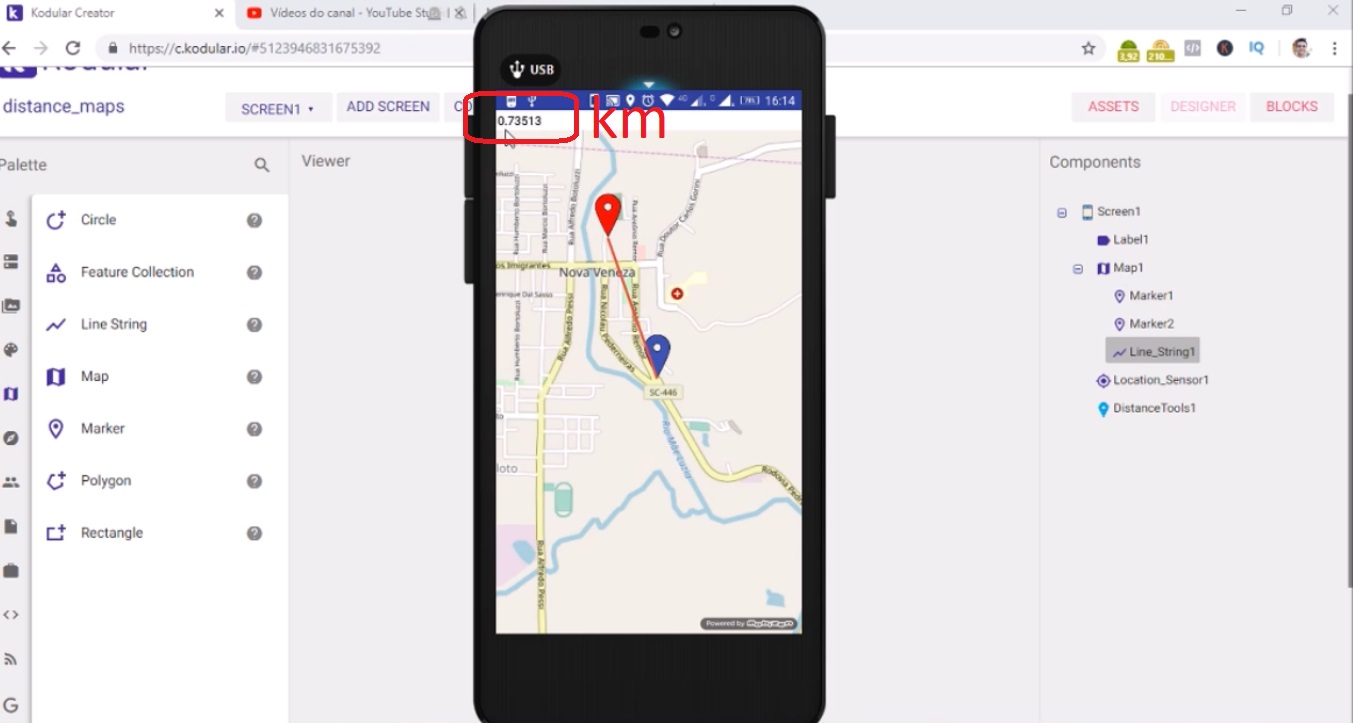 Calcular distância no Mapa Kodular App Inventor - Lips Cell